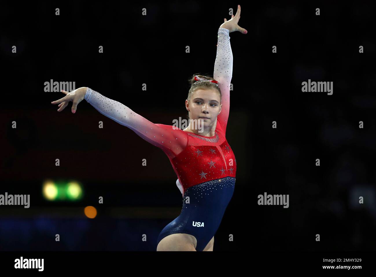 Jade Carey of the U.S. performs on the floor during women's team final ...