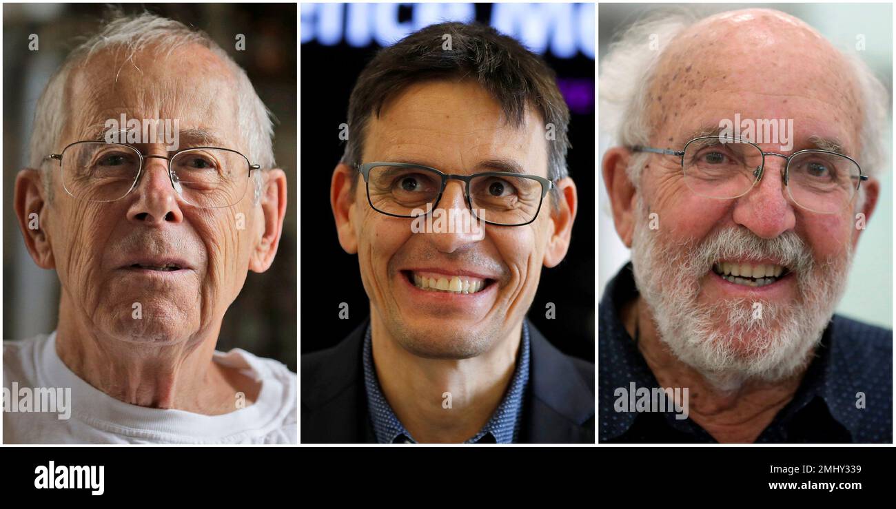 This combination of Oct. 8, 2019, photos shows the Nobel Prize winners ...