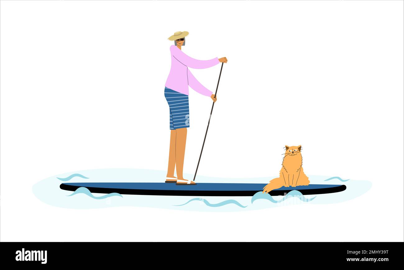 Senior lady standing on sup board and the cat as passenger. Cartoon ...