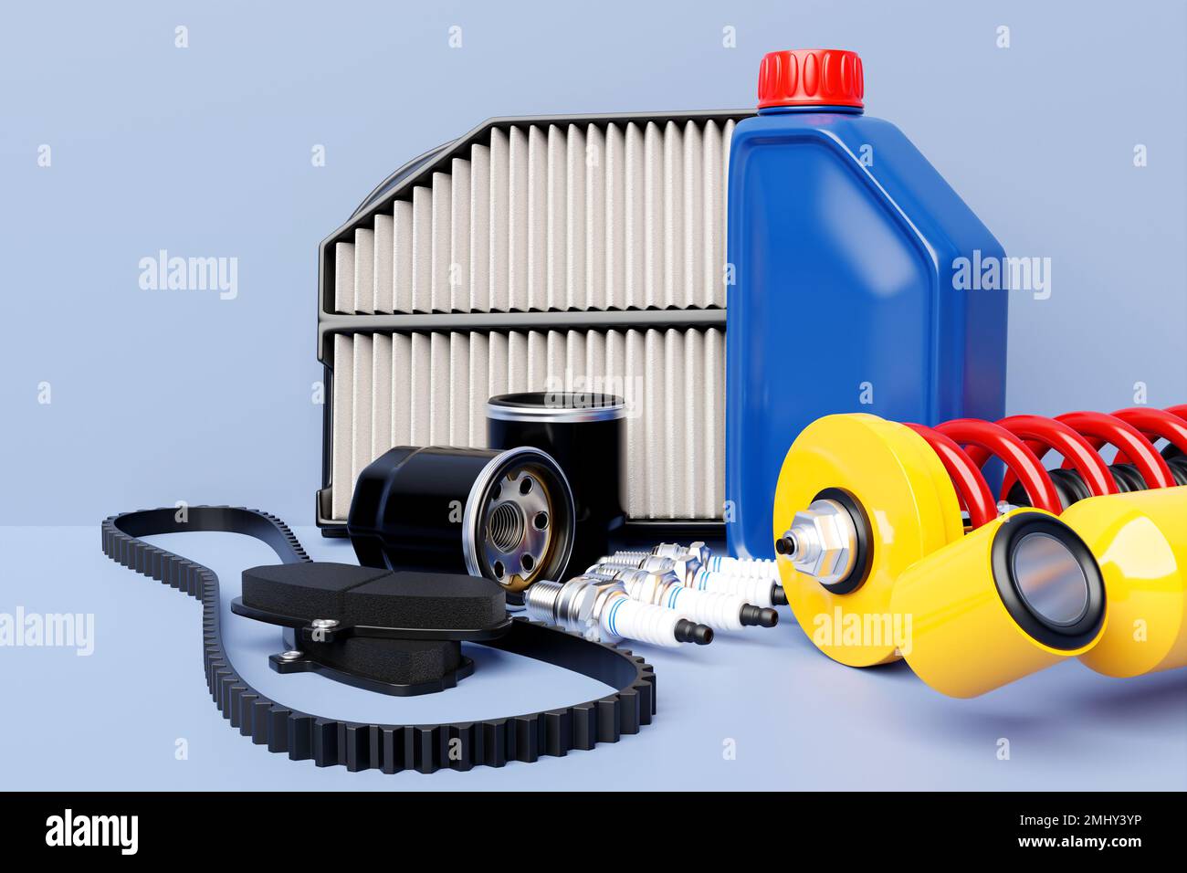 3d illustration of auto parts car shock absorber, oil canister, fuel ...