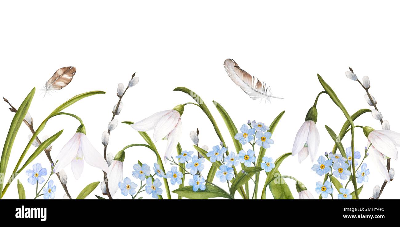 Watercolor easter illustration of bouquet of snowdrops, branches of ...