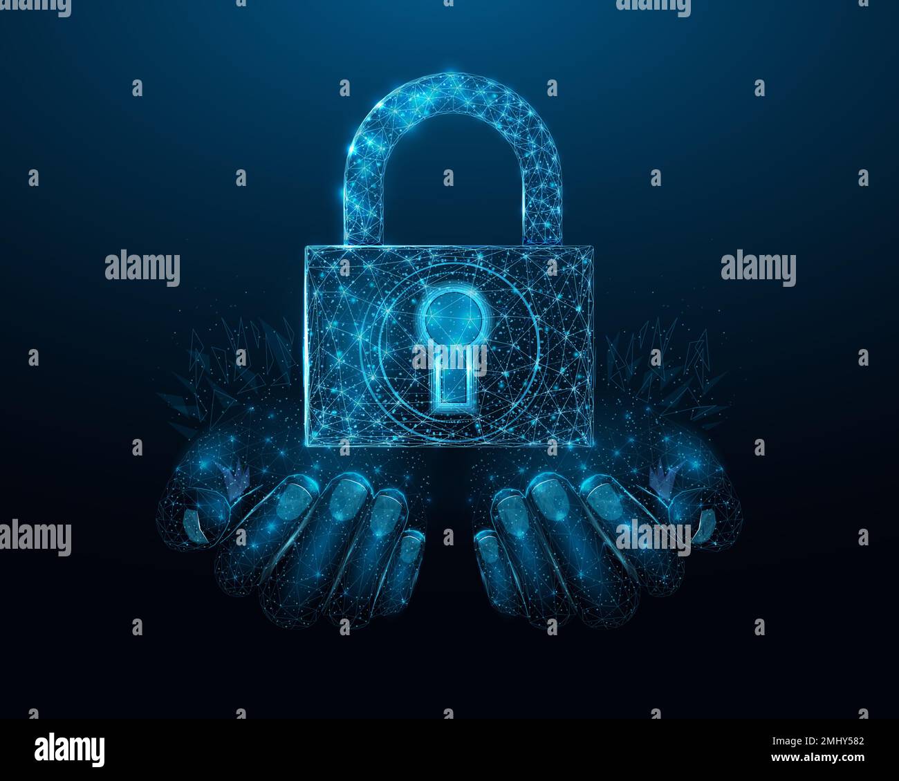 Two human hands are holds padlock. Wireframe glowing low poly lock ...