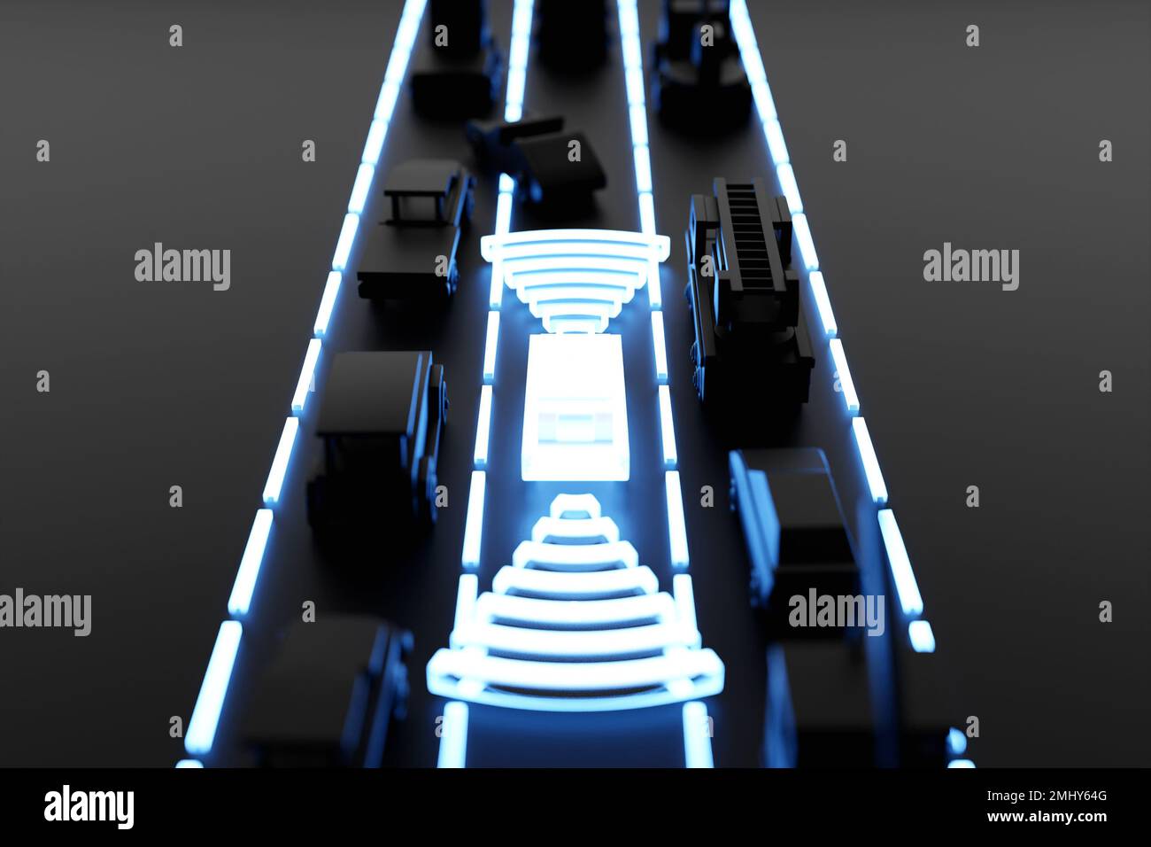 3d illustration car with safe distance with auto flow. The concept of a ...