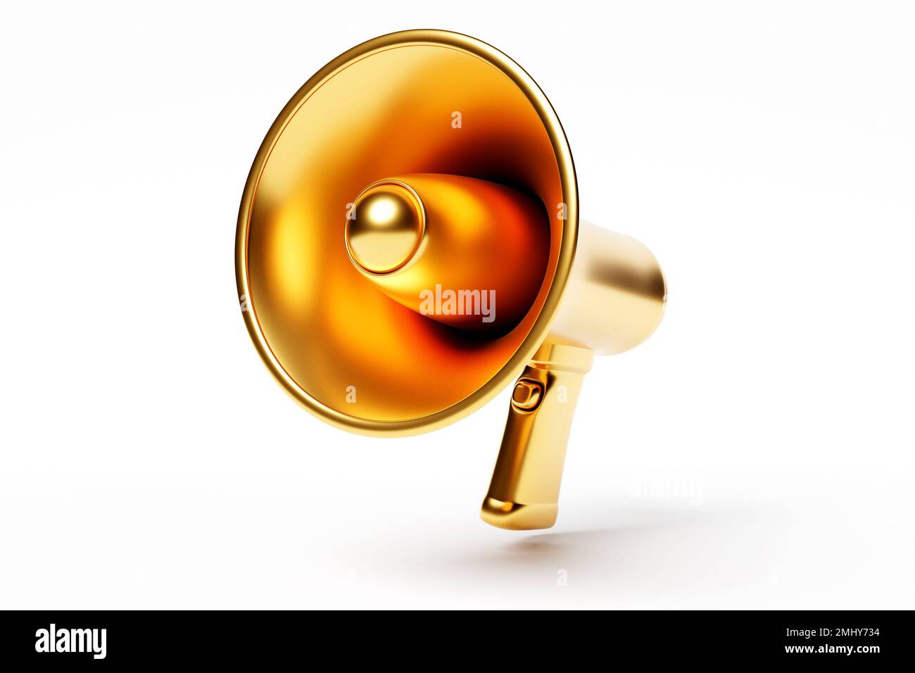 Golden megaphone loudspeaker, realistic 3d illustration. Modern ...