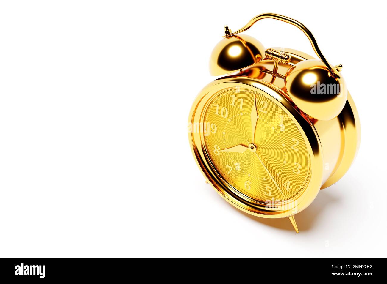 3d illustration golden realistic wake up alarm clock on white isolated ...