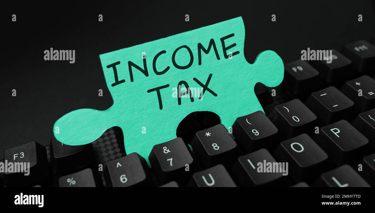 Text caption presenting Income Tax. Word for Annual charge levied on ...