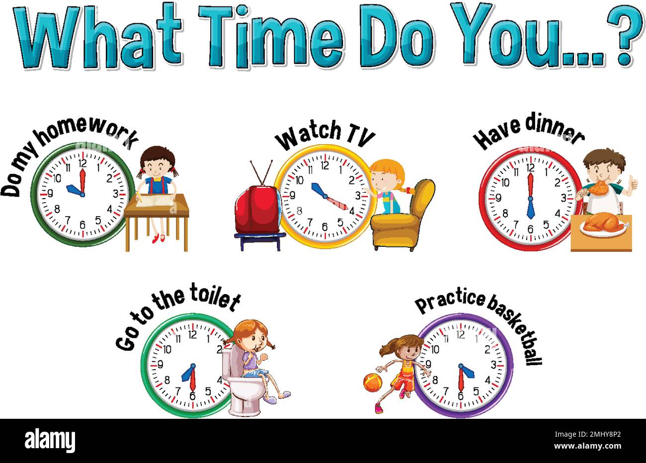 Daily routine with time and cartoon characters illustration Stock ...