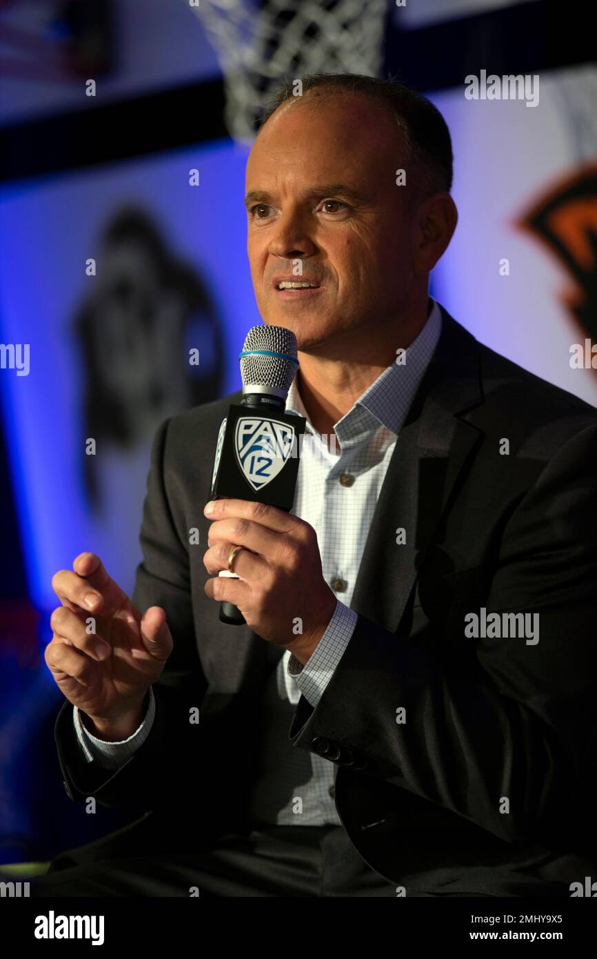 Oregon State head coach Scott Rueck speaks to reporters during the Pac ...