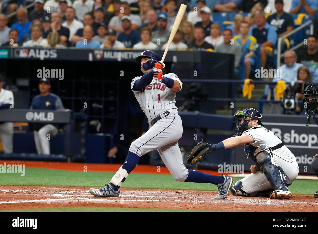 Houston Astros shortstop Carlos Correa (1) bats against the Tampa Bay ...