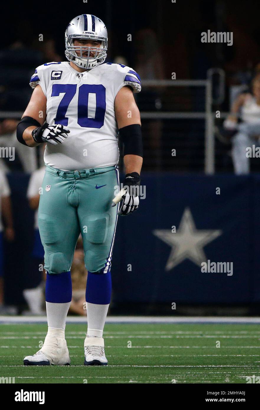 Dallas Cowboys offensive guard Zack Martin (70) looks on as the Cowboys ...