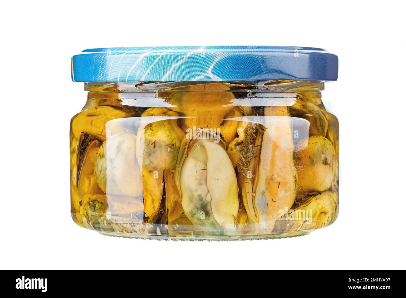 Glass jar with conserved mussels isolated on the white background. File ...