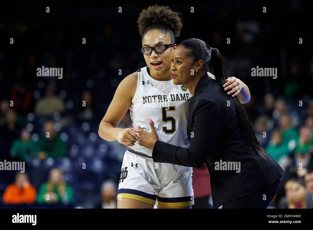 South Bend, Indiana, USA. 26th Jan, 2023. Notre Dame guard Olivia Miles (5) and Notre Dame head ...