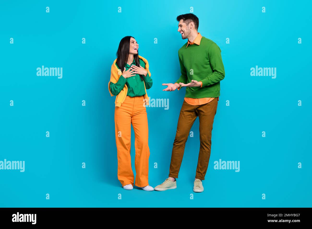 Full length photo of two friends male female dating weekend speaking ...