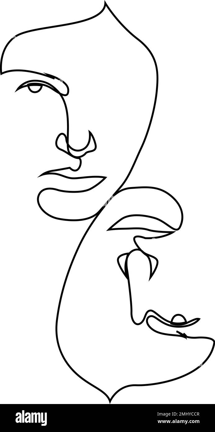 Abstract Graphic Drawing Two Faces Mirror Faces Continuous Line