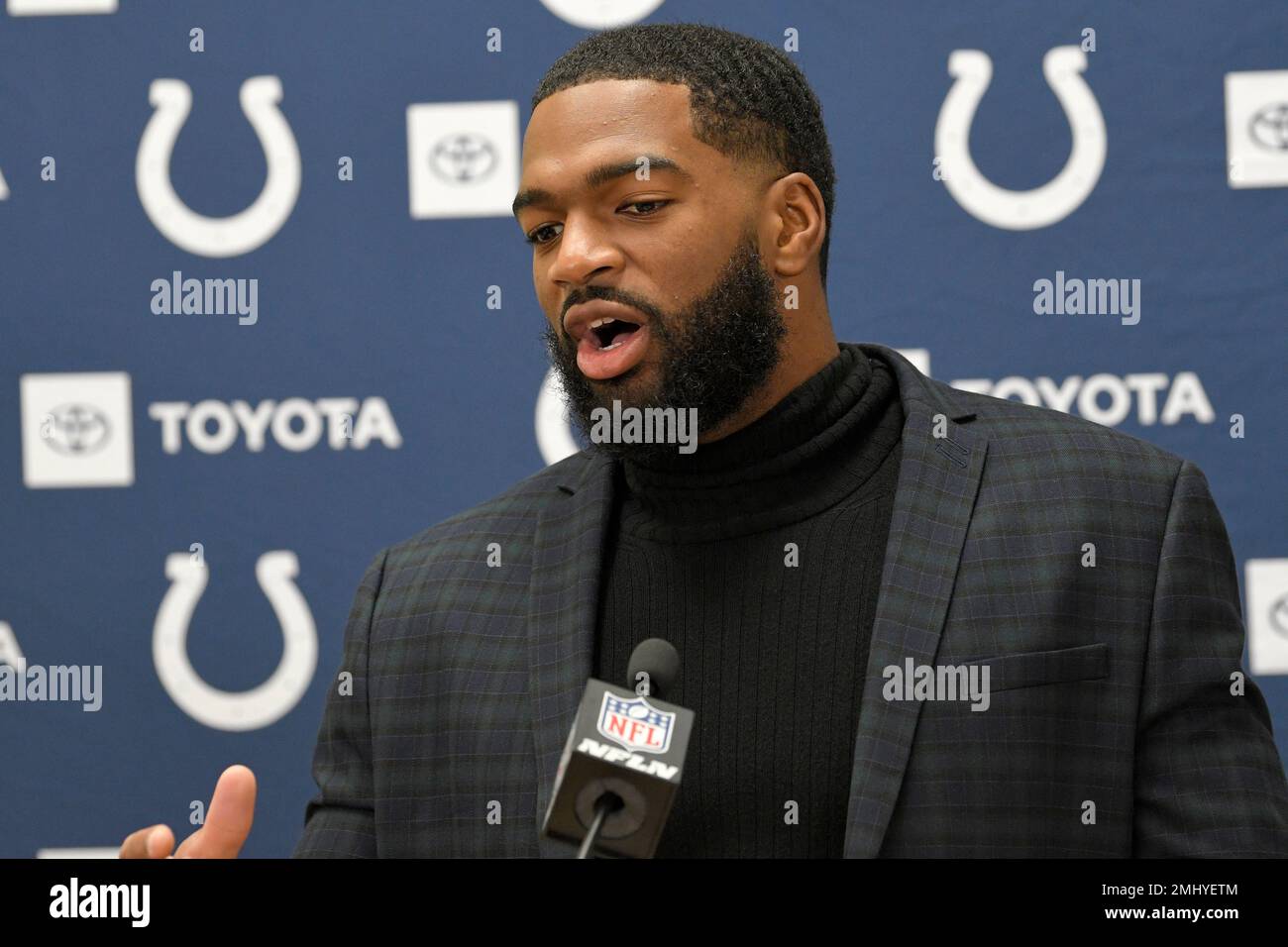 Indianapolis Colts quarterback Jacoby Brissett speaks during a news ...