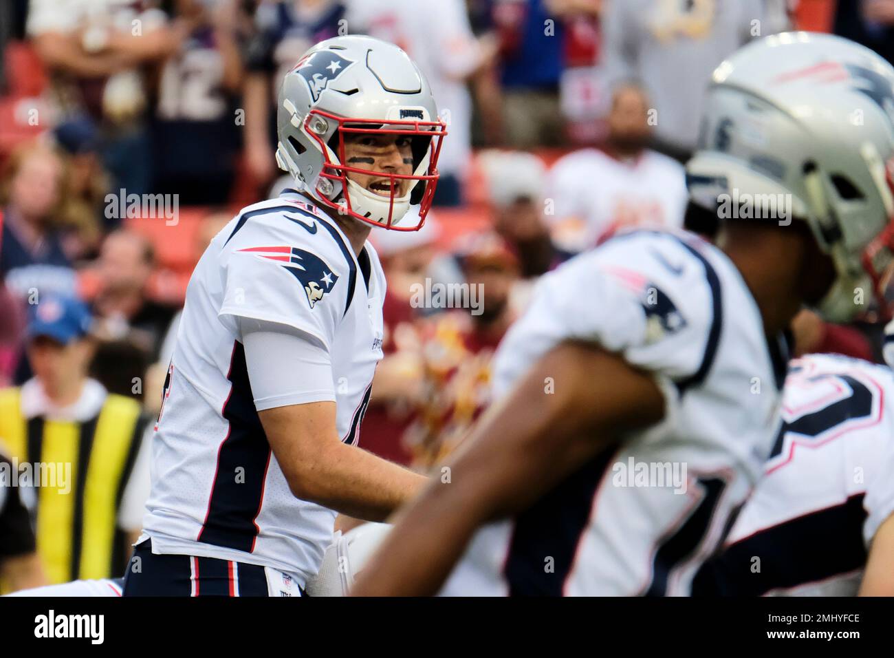 New England Patriots quarterback Jarrett Stidham (4) call signals ...