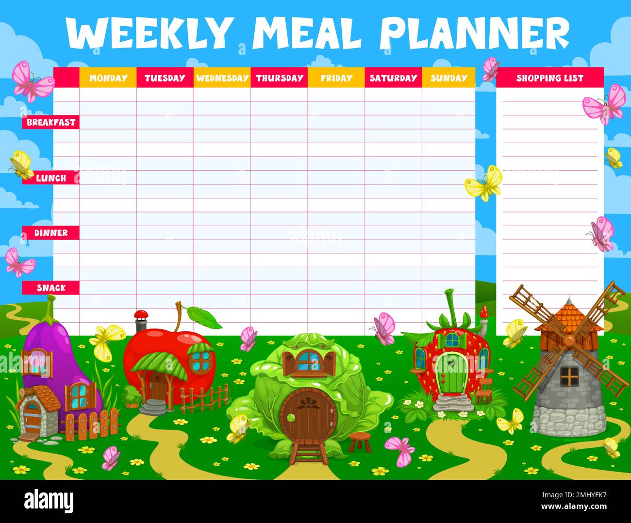 Weekly meal planner, fairytale magic houses and dwellings. Vector ...