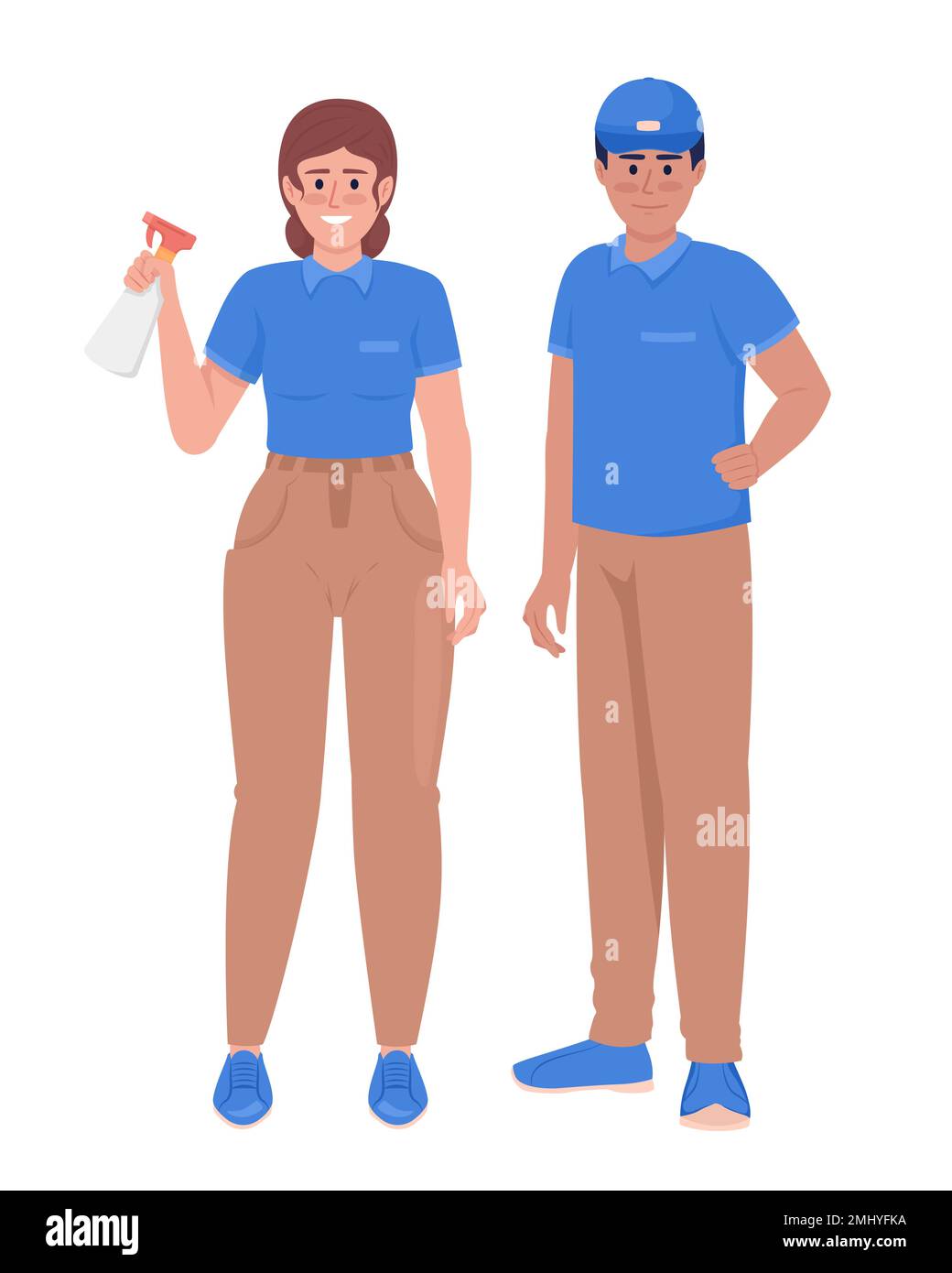 Cleaning and janitorial services staff semi flat color vector ...