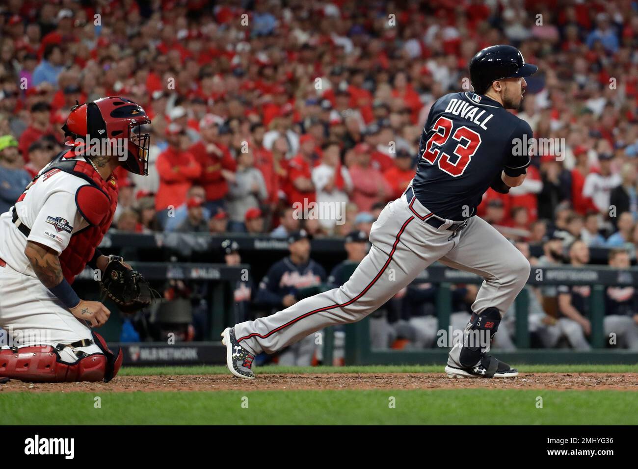 Atlanta Braves' Adam Duvall watches his two-run single during the ninth ...