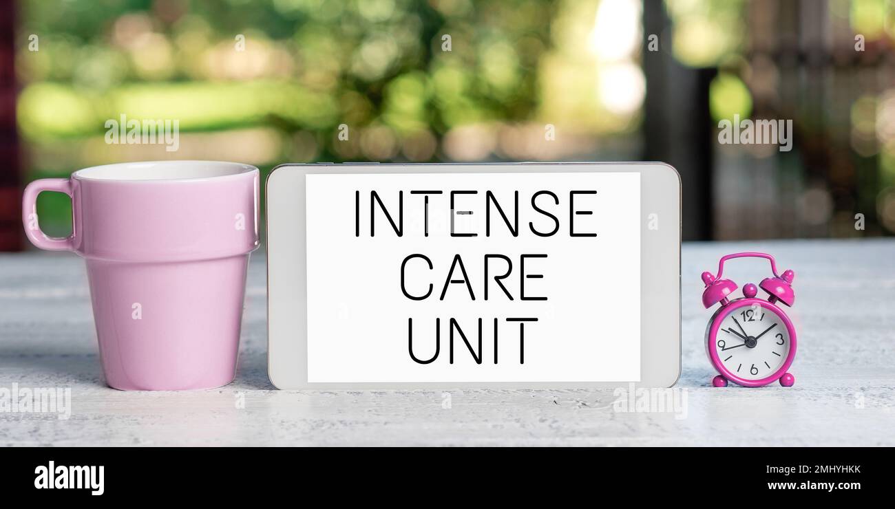 Hand writing sign Intense Care Unit. Concept meaning a unit in a ...