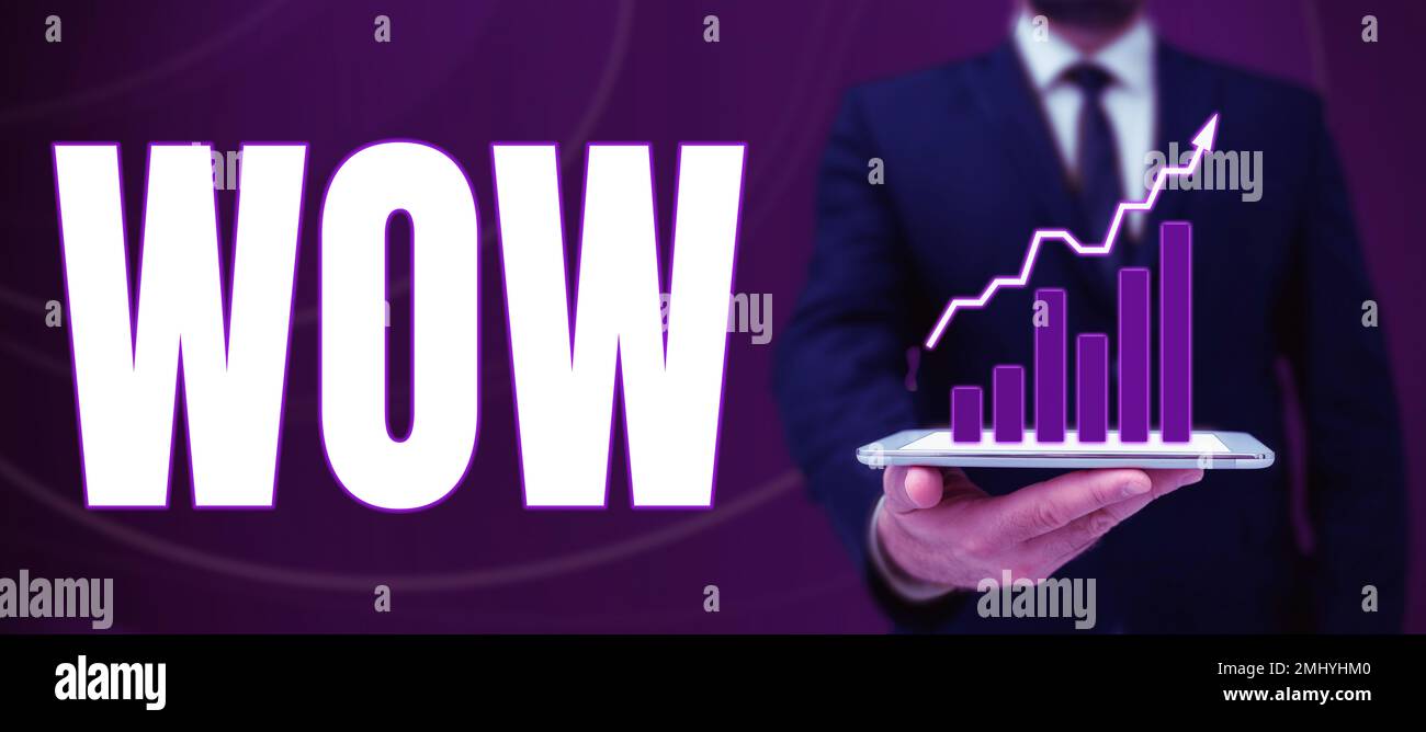 Hand writing sign Wow. Word Written on Expressing astonishment and awe ...