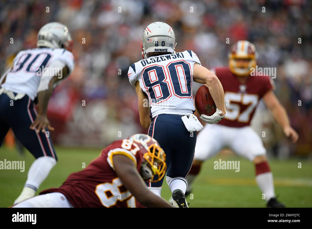 New England Patriots wide receiver Gunner Olszewski (80) runs away ...