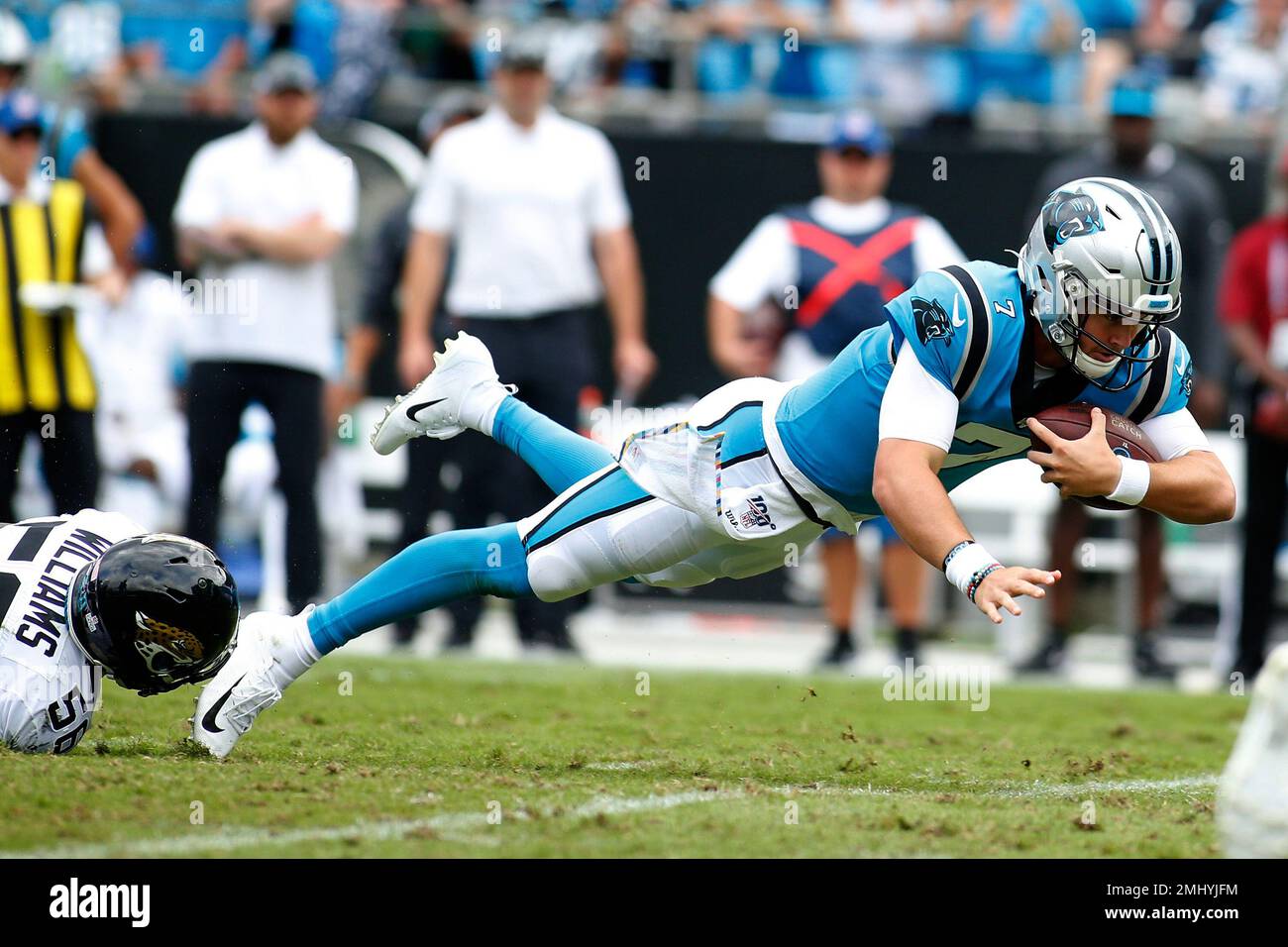 Carolina Panthers quarterback Kyle Allen (7) dives while Jacksonville ...
