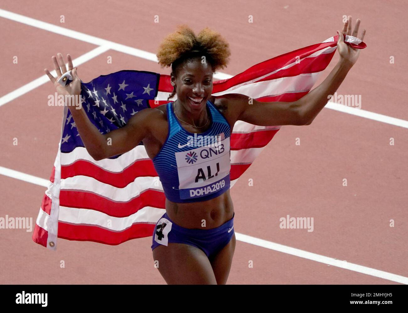 Nia Ali, of the United States celebrates winning the gold medal in the ...