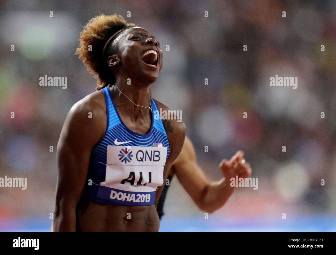 Nia Ali, of the United States celebrates winning the gold medal in the ...