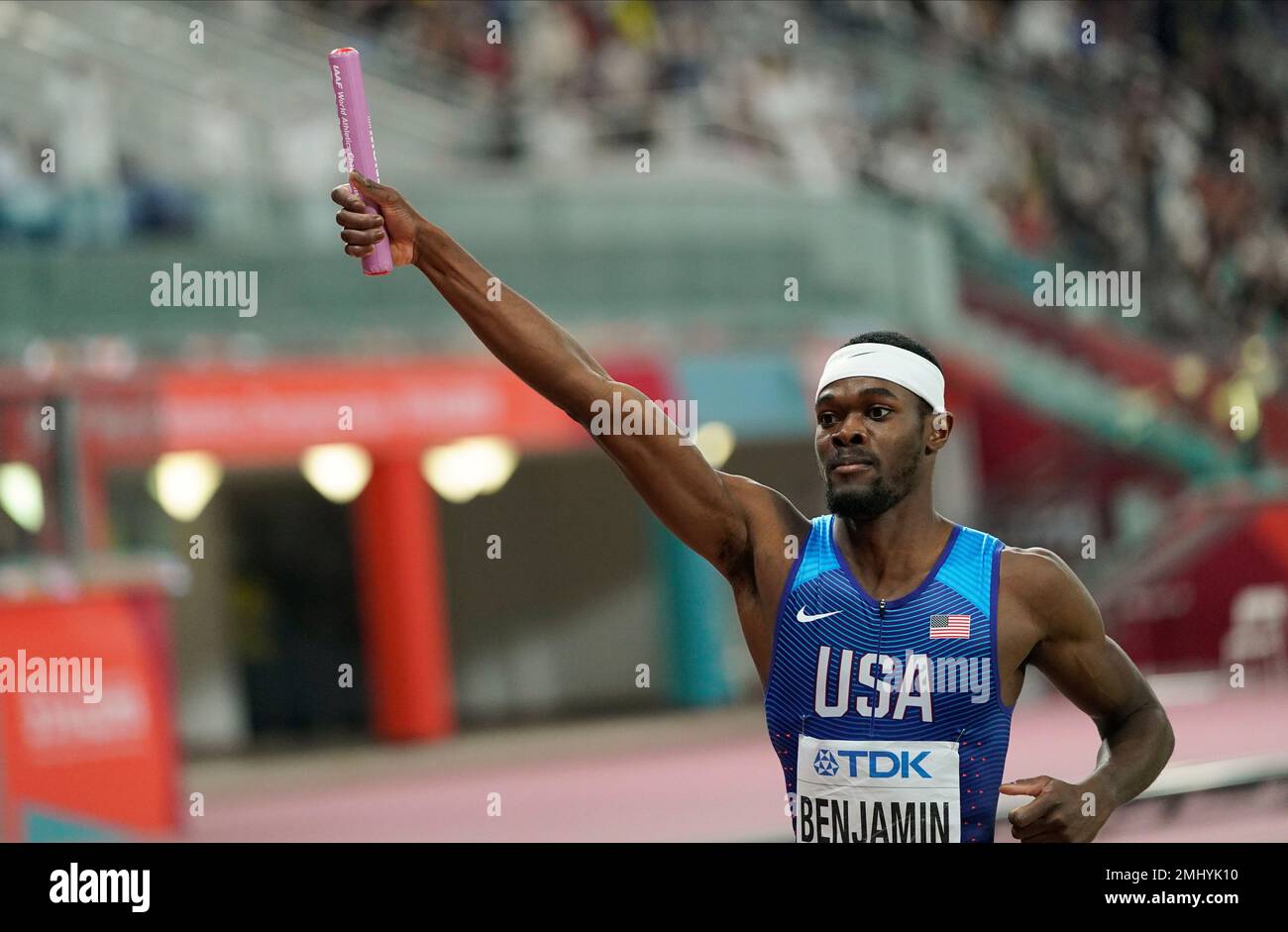 Gold medalist Rai Benjamin, of the United States crosses the finish ...