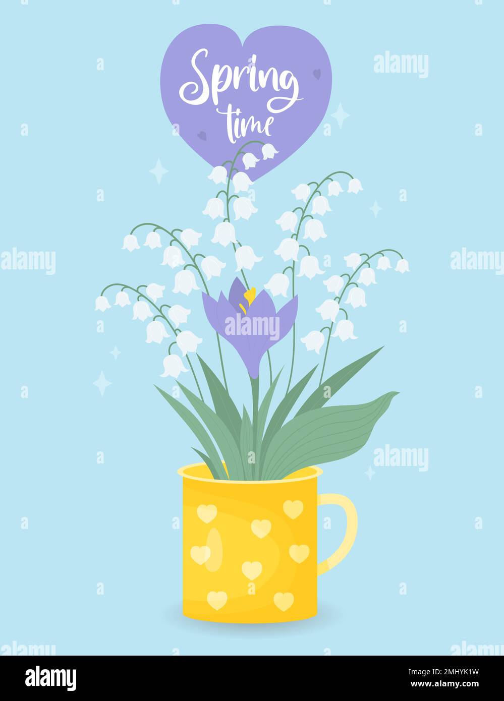 Bouquet spring flowers of lilies of the valley and purple crocus in cup ...