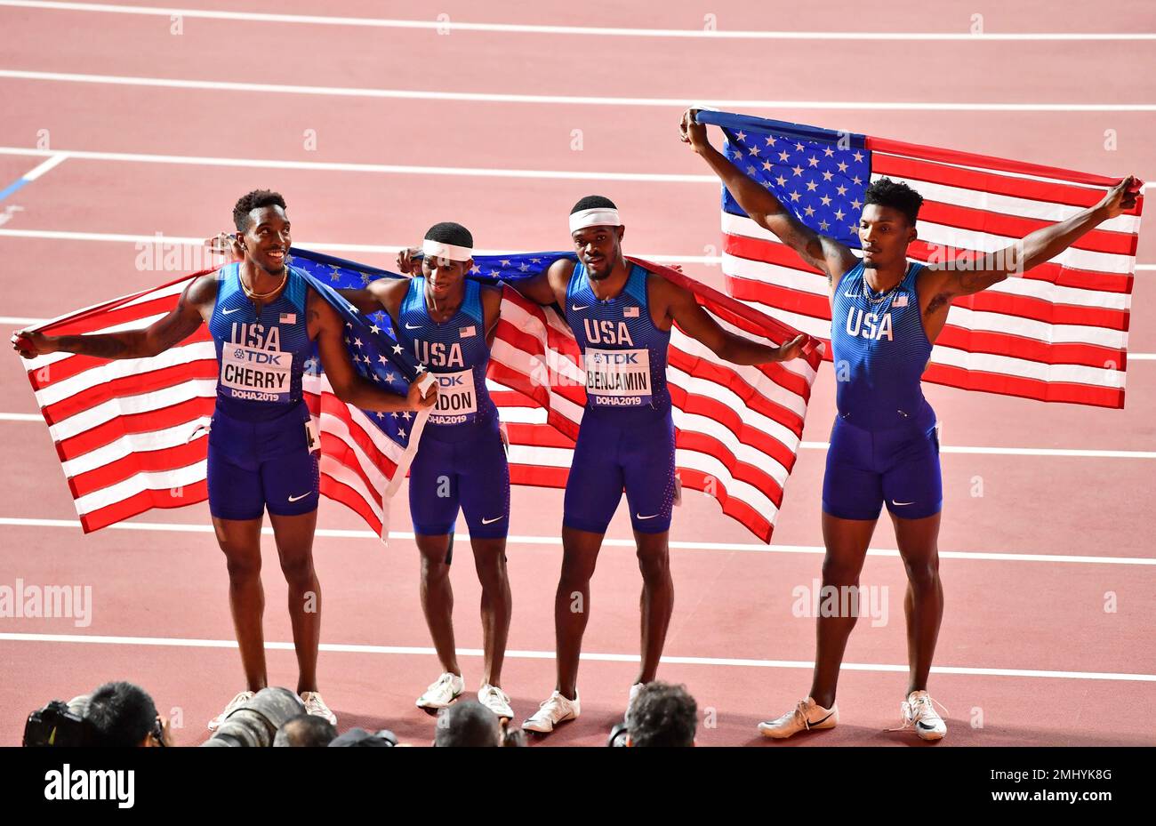 Gold medalists Michael Cherry, Wilbert London, Rai Benjamin and Fred ...