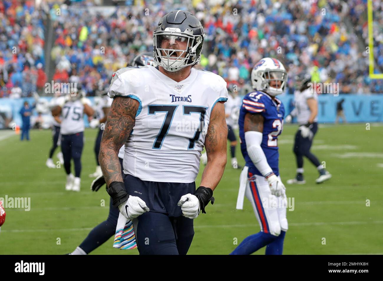 Tennessee Titans offensive tackle Taylor Lewan (77) yells after a play ...