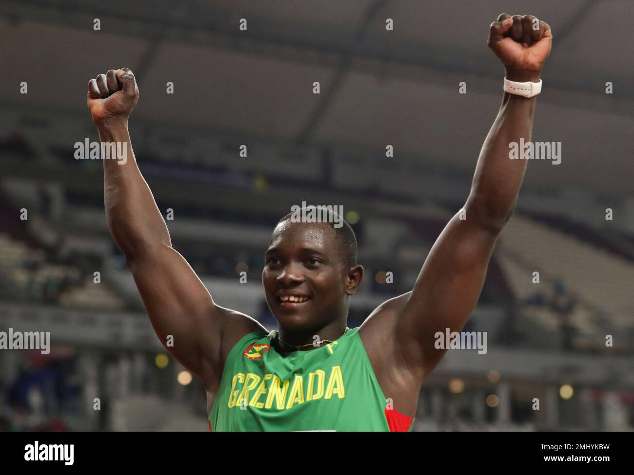 Gold medalist Anderson Peters, of Grenada, celebrates during the men's ...