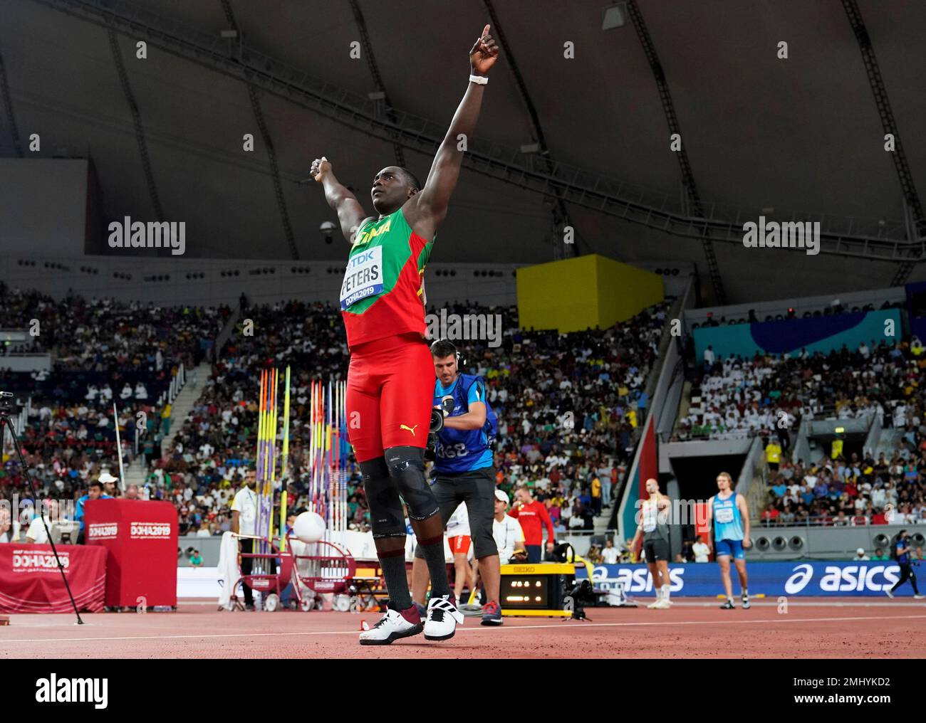 Gold medalist Anderson Peters, of Grenada, celebrates during the men's ...