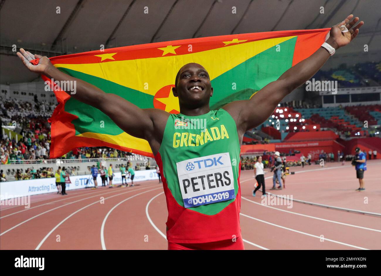Gold medalist Anderson Peters, of Grenada, celebrates during the men's ...