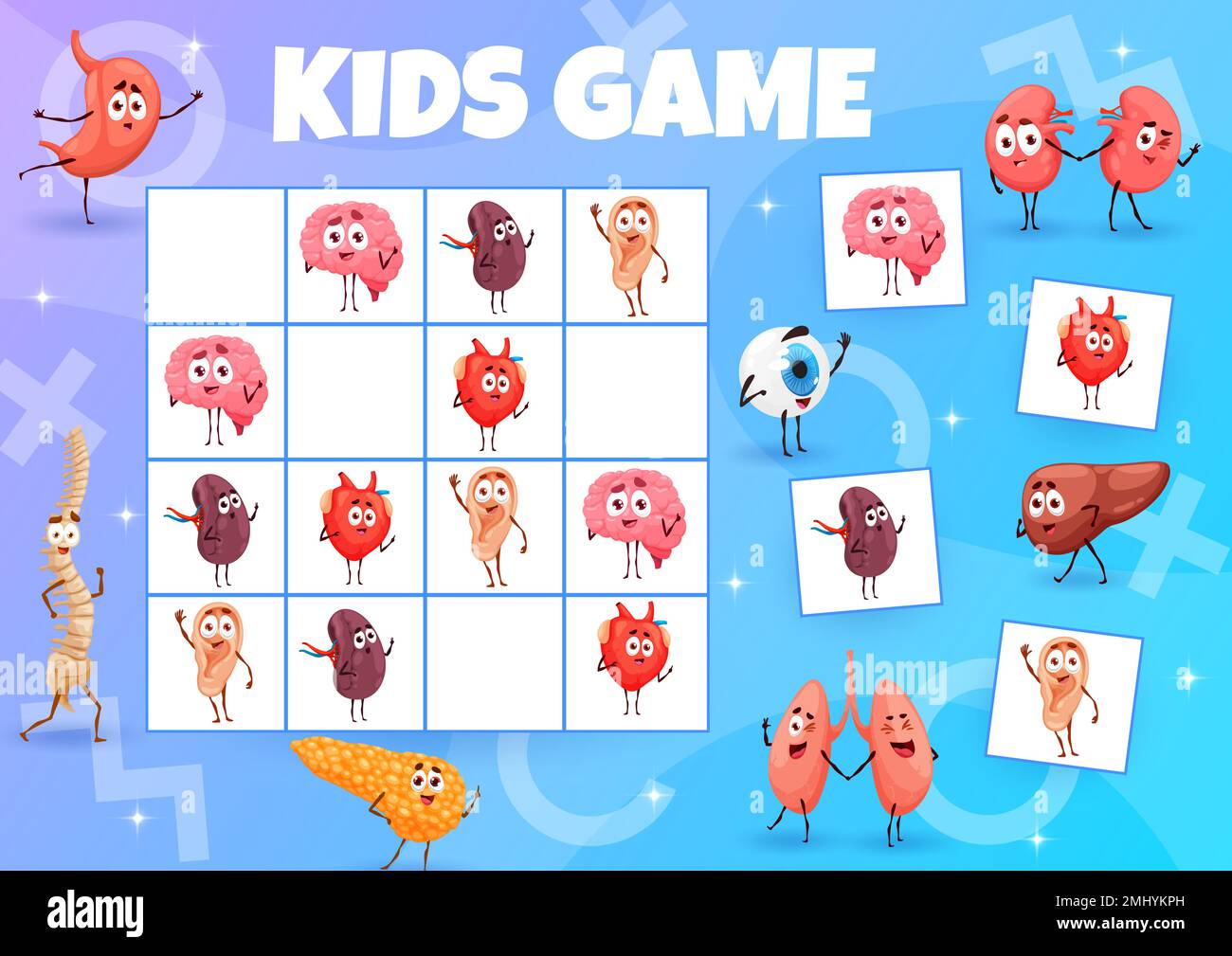 Sudoku game worksheet, cartoon human organ characters, vector quiz ...
