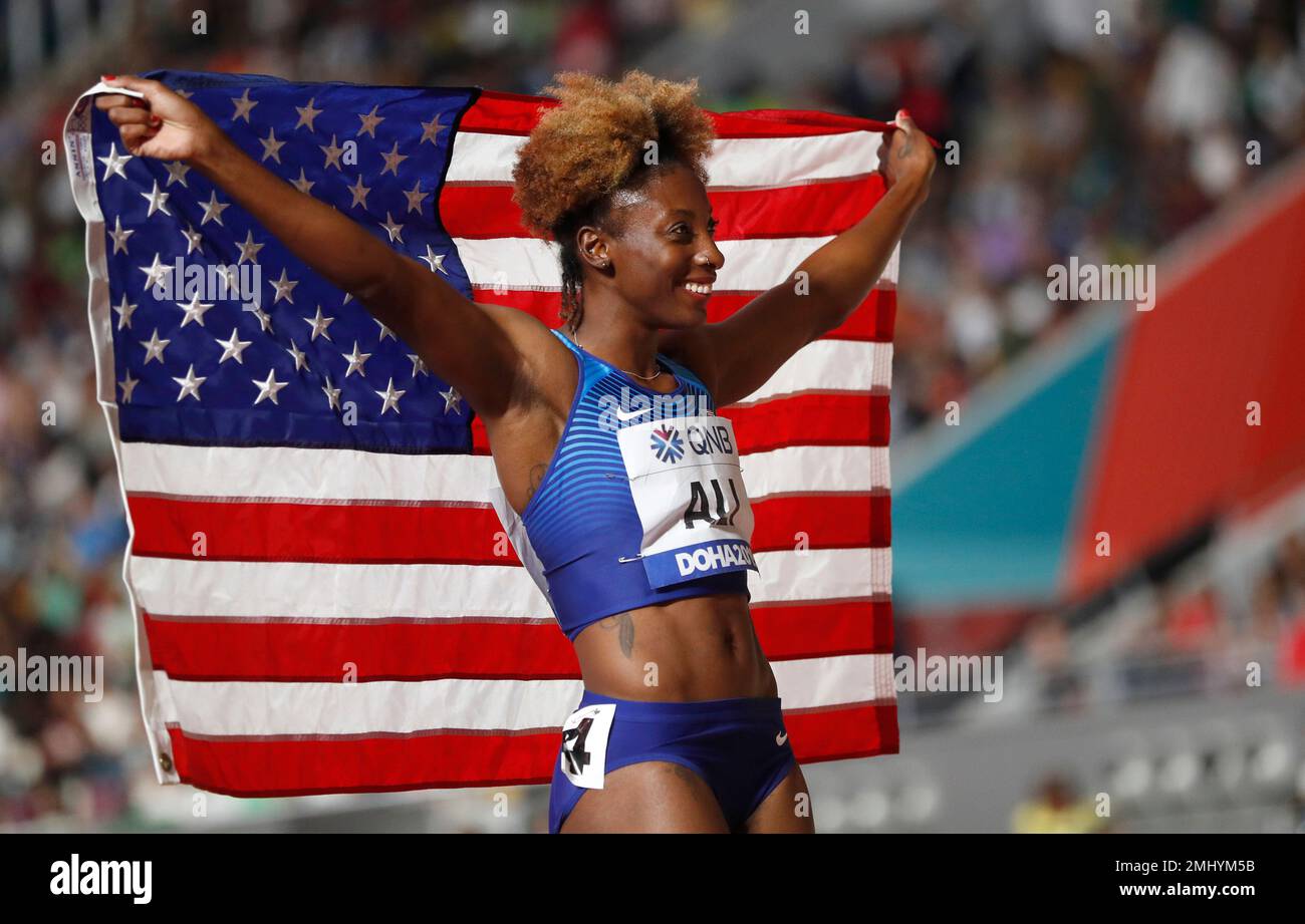 Nia Ali, of the United States celebrates winning the gold medal in the ...