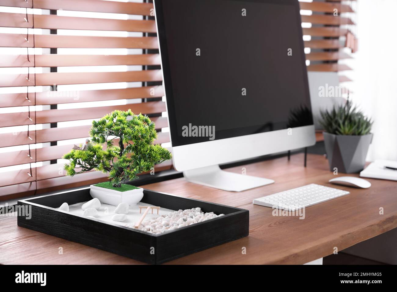 Modern workplace with beautiful miniature zen garden and computer in ...