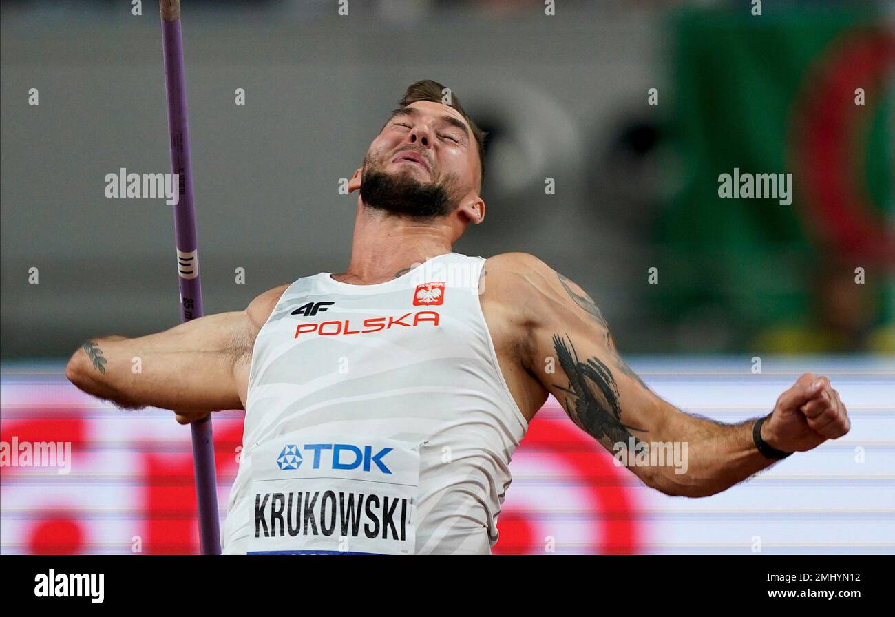 Marcin Krukowski, of Poland, competes in the men's javelin throw final ...