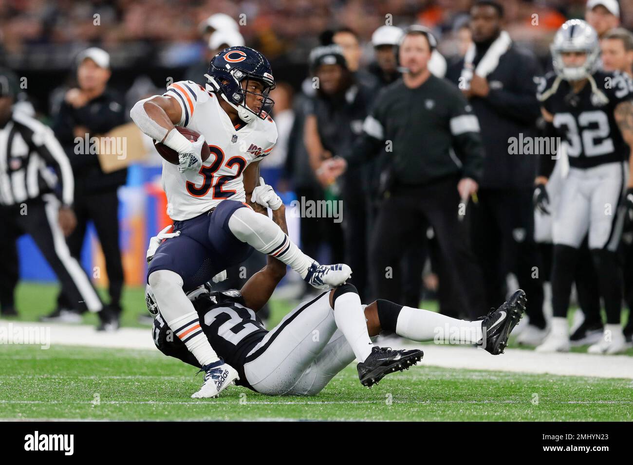 Chicago Bears running back David Montgomery (32) is tackled by Oakland Raiders cornerback Gareon ...