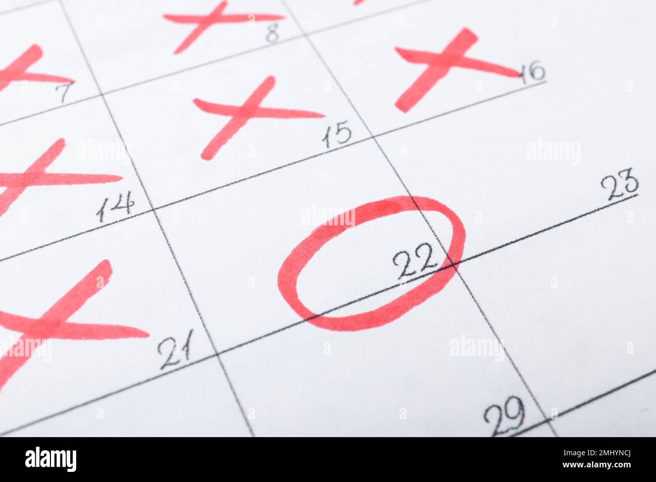 Calendar page with marked dates, closeup view Stock Photo - Alamy