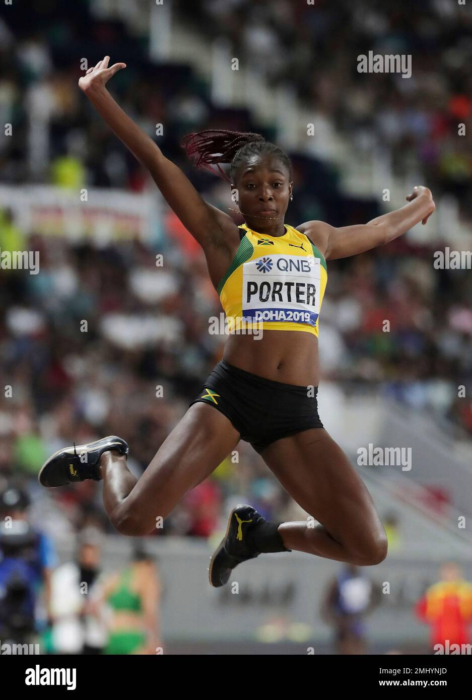 Chanice Porter, of Jamaica, competes in the women's long jump final at ...
