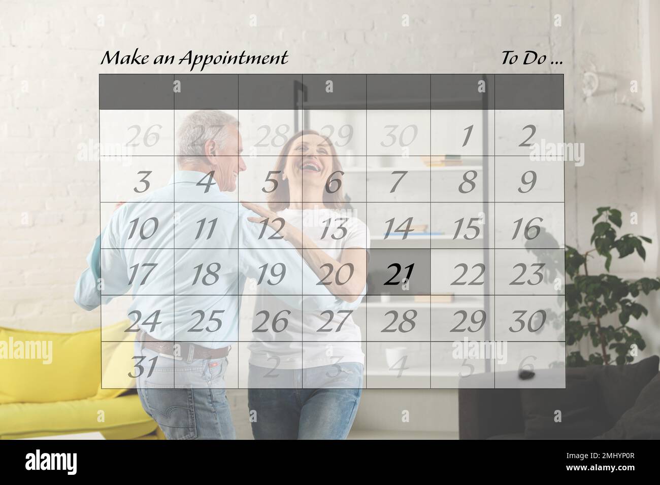 Double exposure of calendar and happy mature couple dancing at home ...