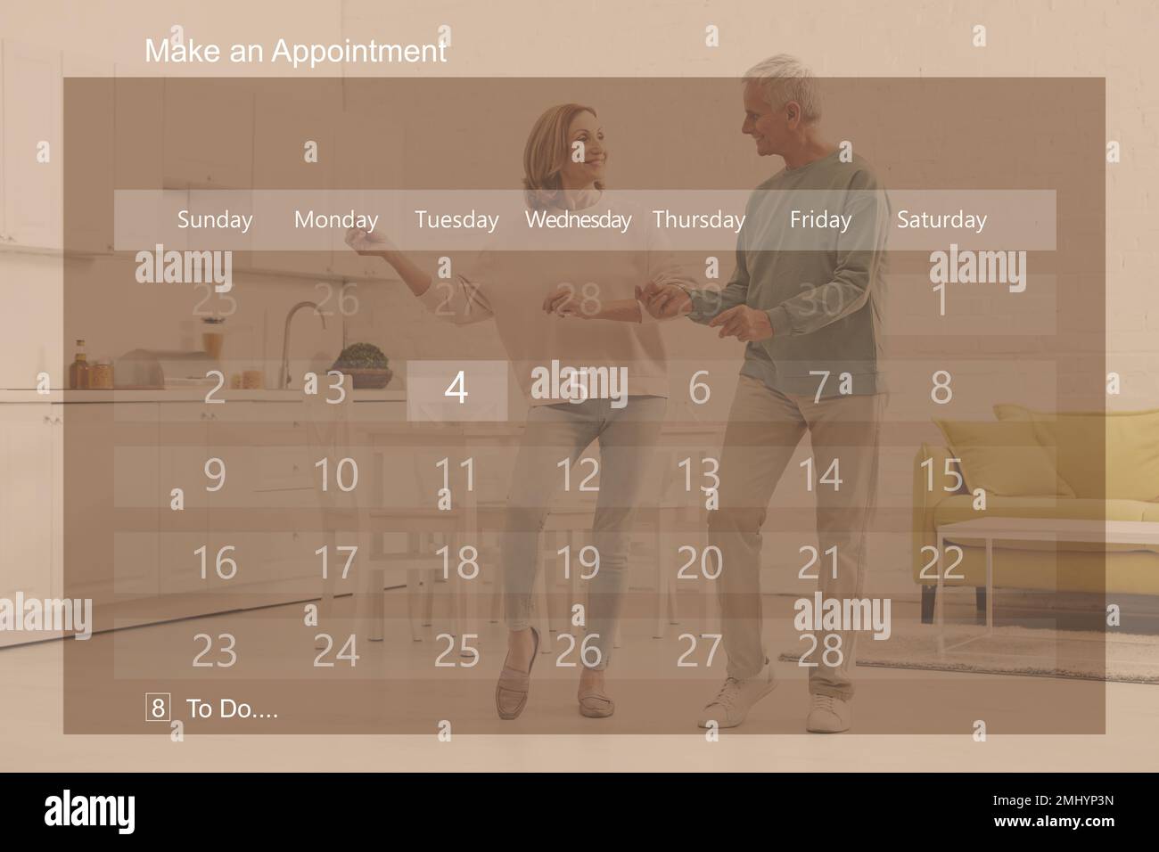Double exposure of calendar and happy mature couple dancing at home ...