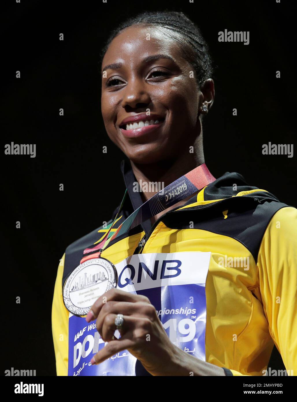 Silver medalist Shanieka Ricketts of Jamaica, poses during the medal ...