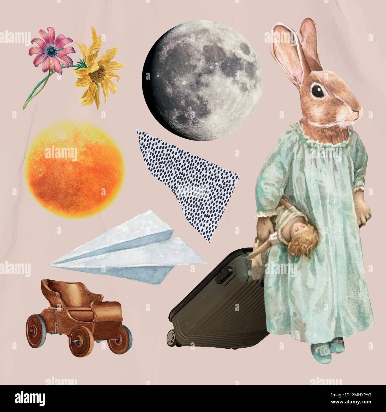 Collage vintage illustration element set, printable vector collage ...