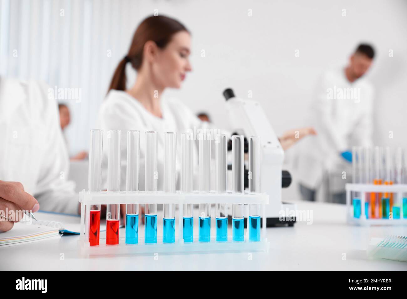 Rack with test tubes on white table and scientists in laboratory ...