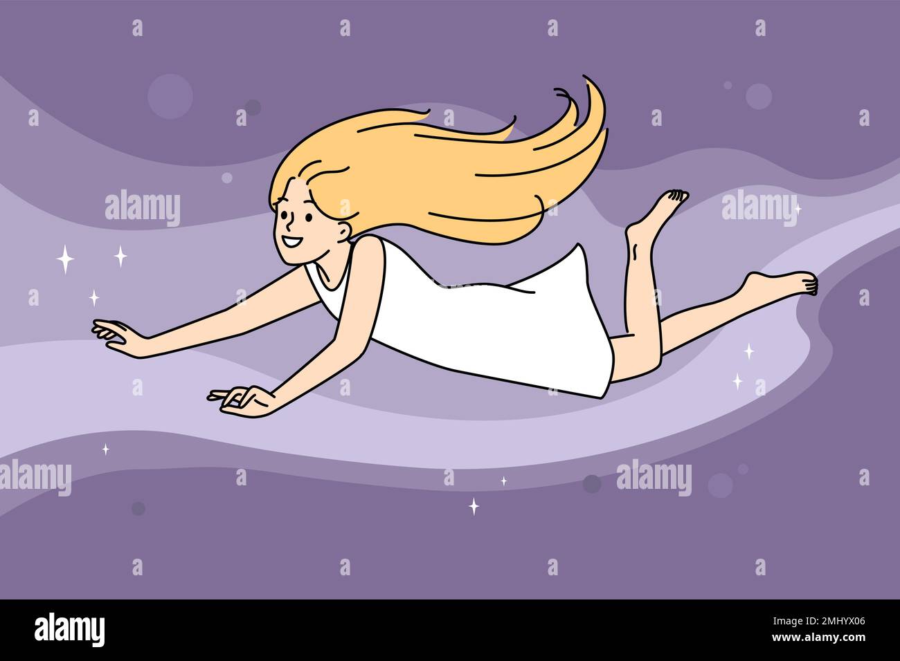 Smiling little girl flying in sky dreaming in sleep or nap. Happy ...