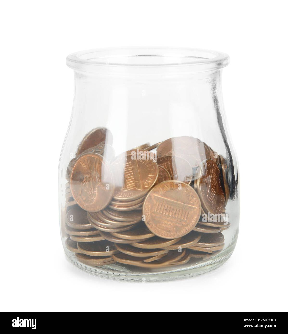 Glass jar with coins isolated on white Stock Photo - Alamy